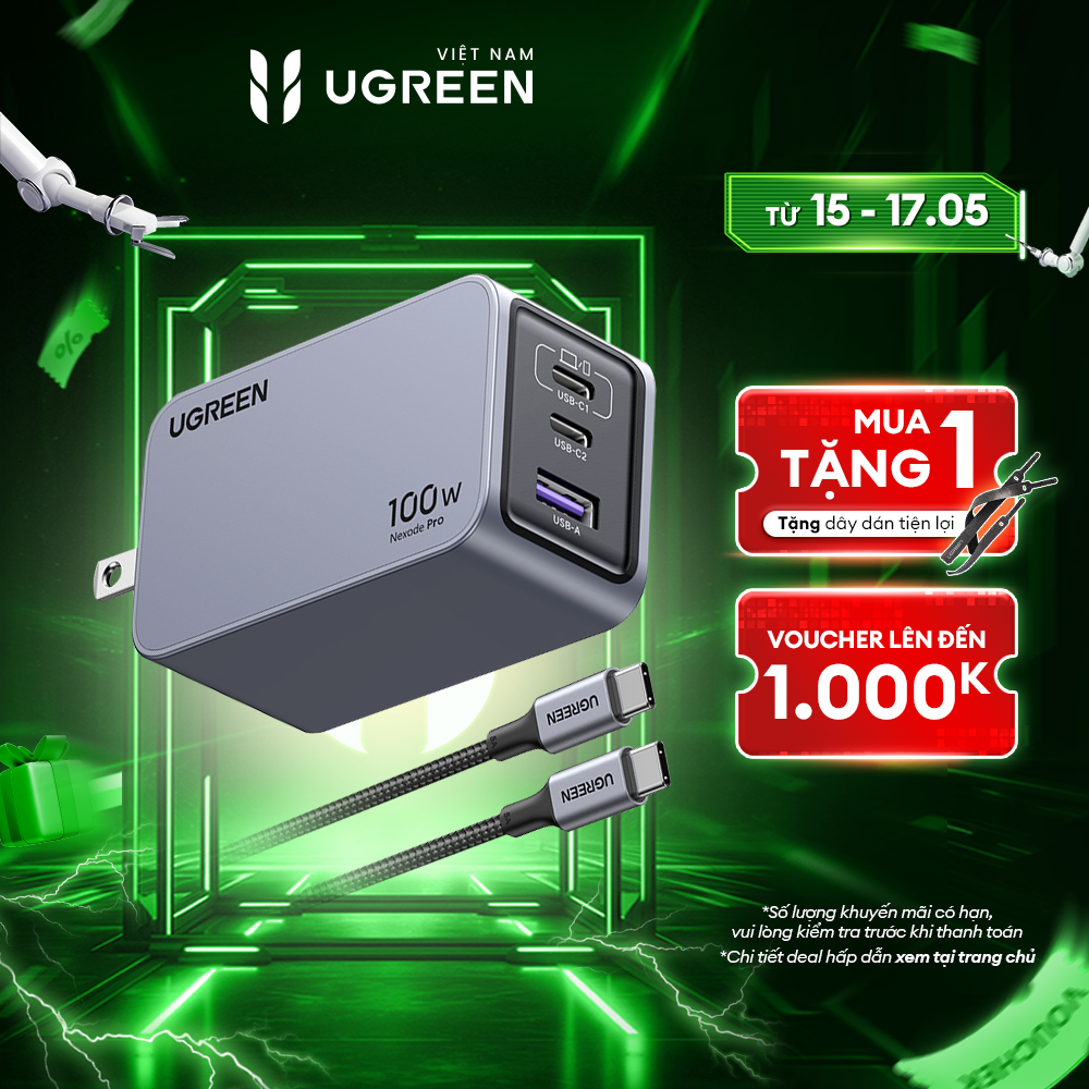 Bộ sạc nhanh UGREEN 100W Nexode GaN Pro X757 | 3 cổng sạc USB-C/USB-A | Kèm cáp sạc nhanh Type-C ...