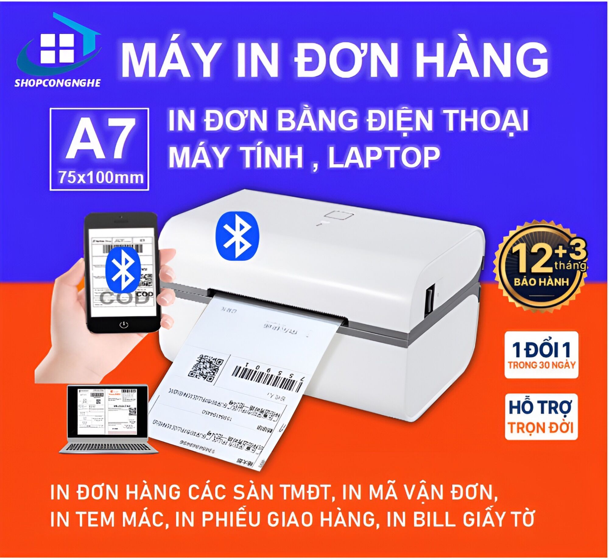 Miễn ship Máy in nhiệt Bluetooth A7 75x100mm Điện thoại Máy tính IP-801 ...
