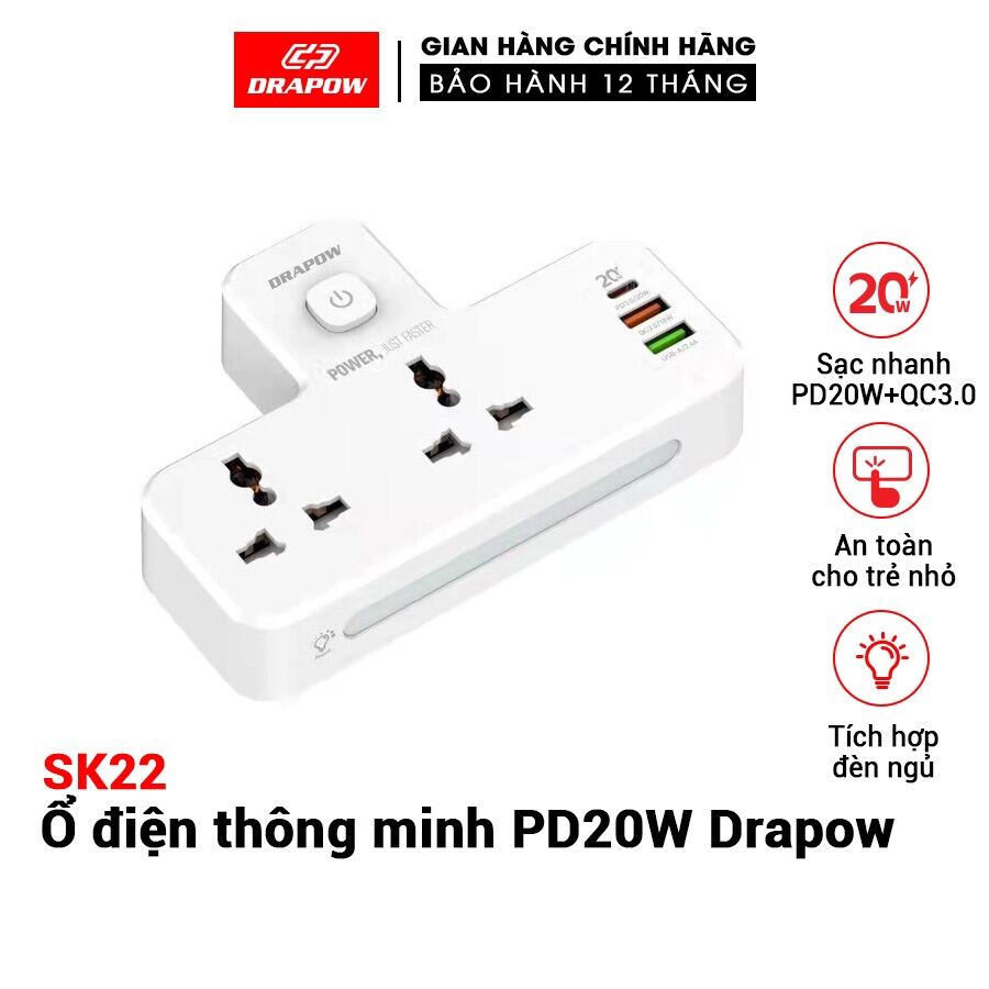 Ổ điện thông minh DRAPOW SK22 Sạc nhanh USB-C 20W PD cổng QC 3.0 18w ,2 ...