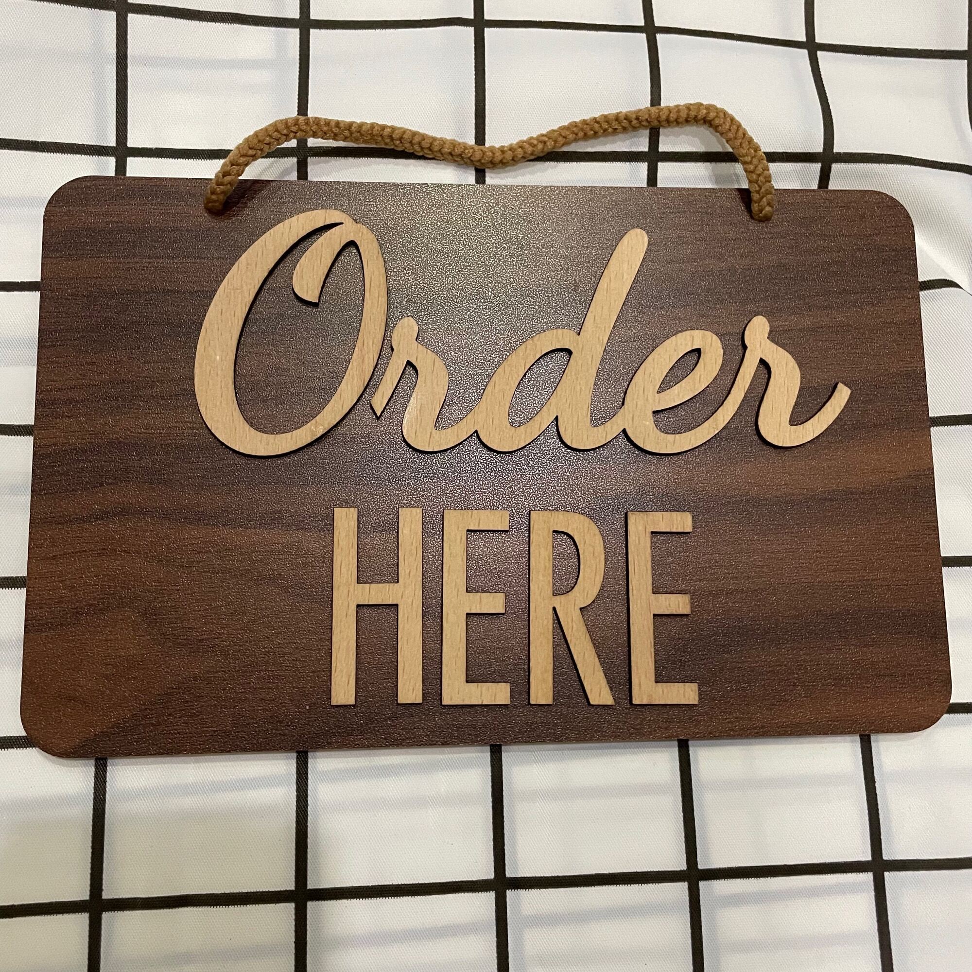 Bảng gỗ decor order here treo quầy bar quán cafe tiệm spa tặng móc dán ...