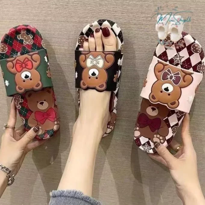 (DASS-170) Dép quai ngang nữ đế caro hình gấu, Dép đi trong nhà siêu ...