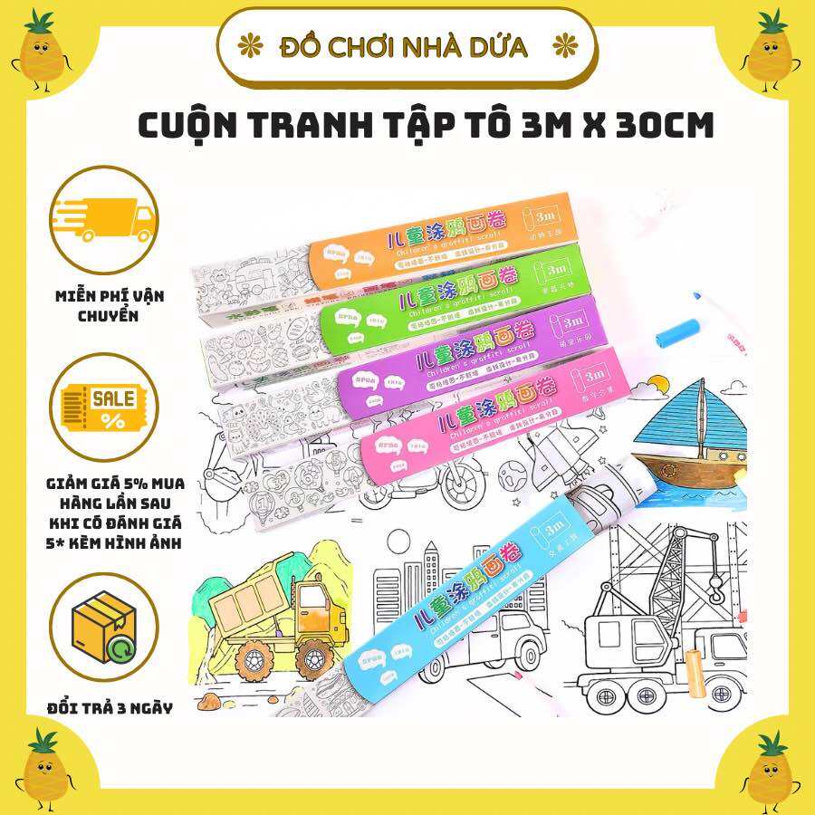 Set 2 Cuộn tranh tập tô màu cho bé kích thước 3mx30cm cho bé sáng tạo, có thể cắt dán làm ...