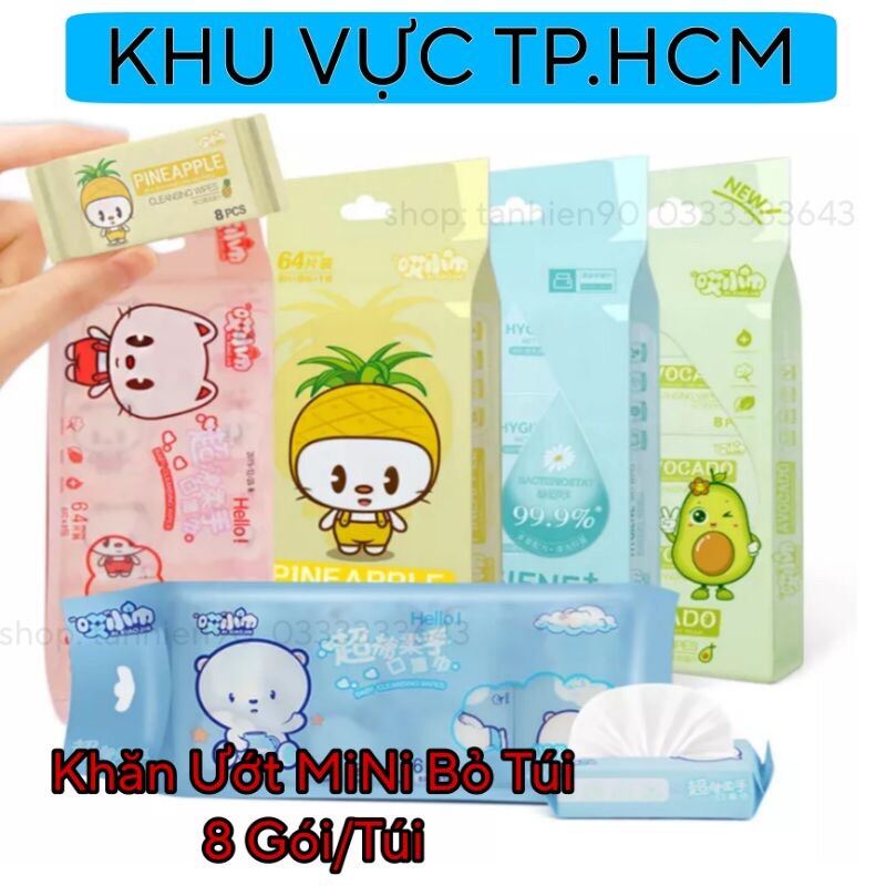 Khăn giấy ướt cầm tay mini tiện dụng/khăn giấy ướt mini lốc 8 gói 64 tờ ...