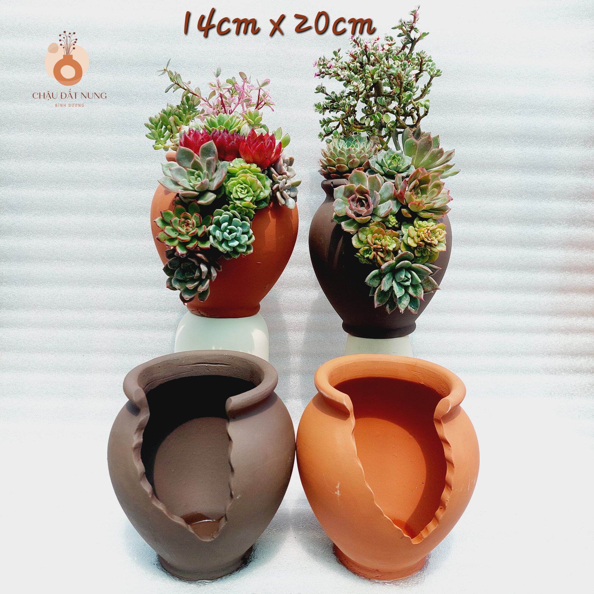 Chậu đất nung Bình Dương - Chum cao cắt vân mây, miệng chậu 14cm, chiều ...